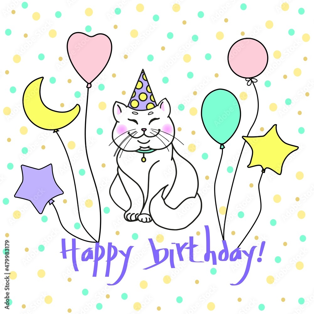 Cute cat with balloons, cartoon character clipart, birthday card ...