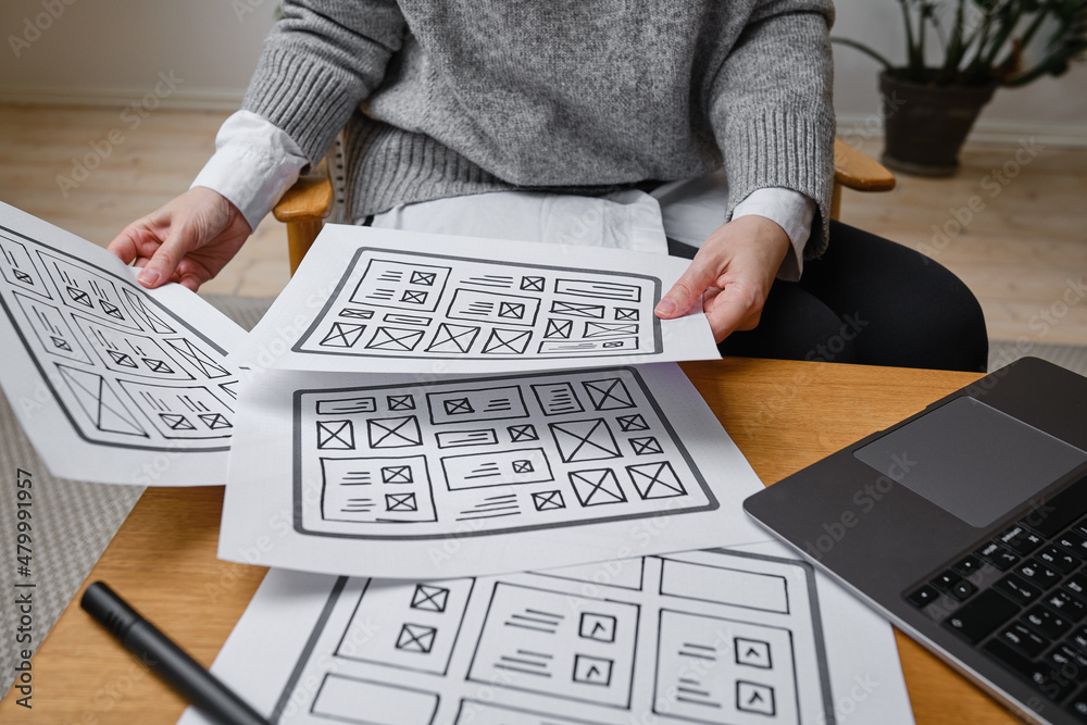 Woman designer create website design wireframe. Sketch, prototype ...