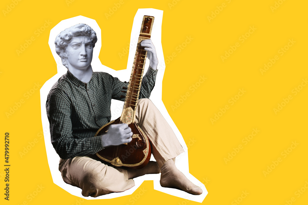Modern art collage. Concept Gypsum head of David's Man with Sitar ...
