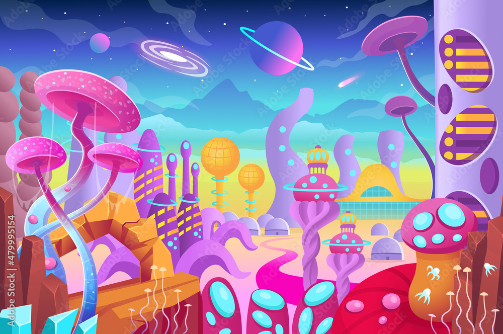 Landscape of alien planet with futuristic buildings of unusual shapes ...