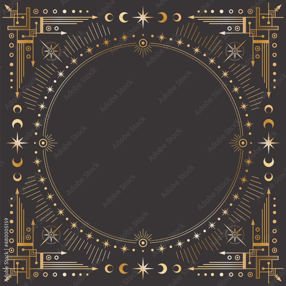 Vector mystic outline celestial square golden frame with stars, moon ...