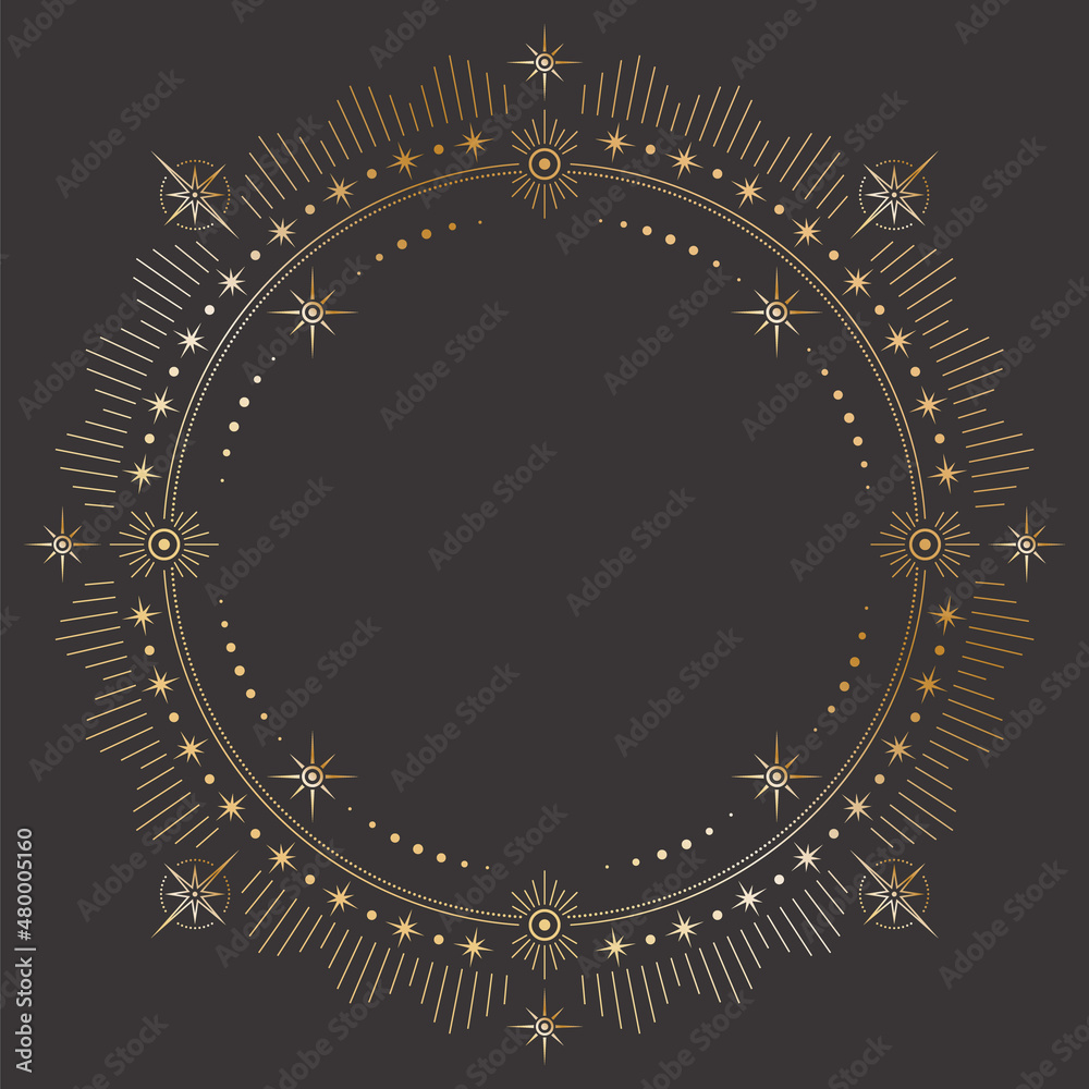 Vector mystic celestial round golden outline frame with different stars ...