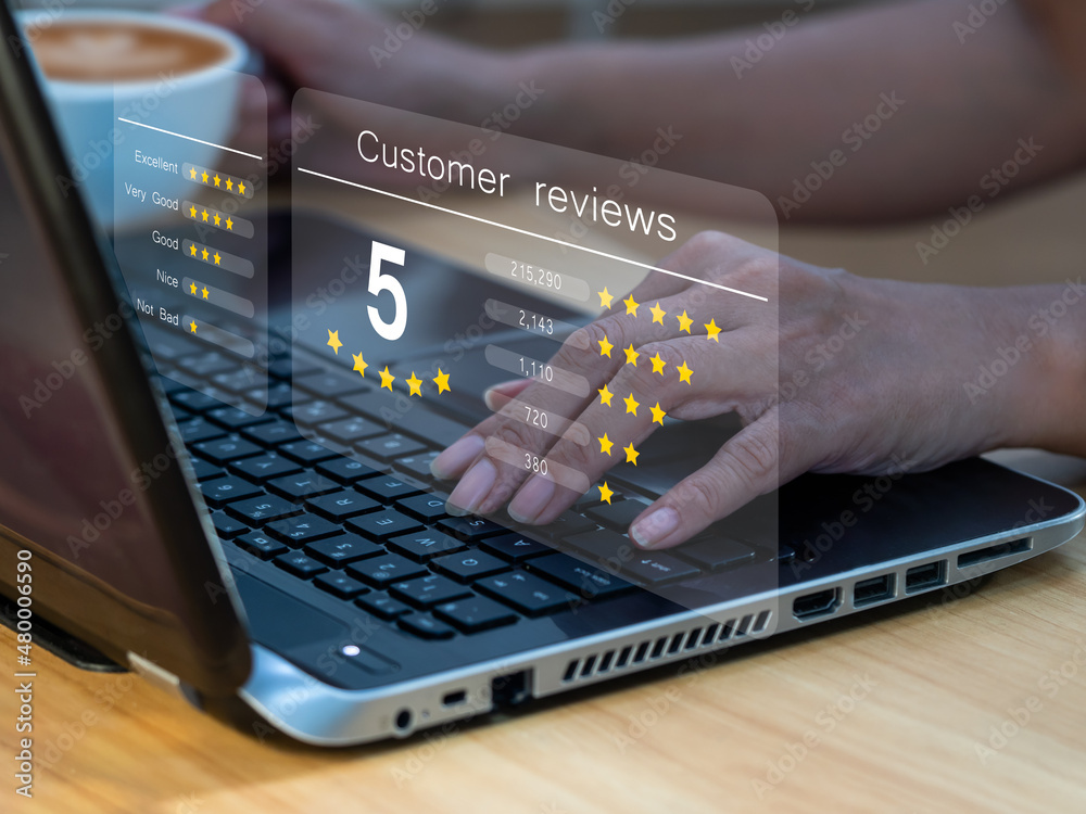 Businesswoman offering 5 star rating, Customer service and Satisfaction ...