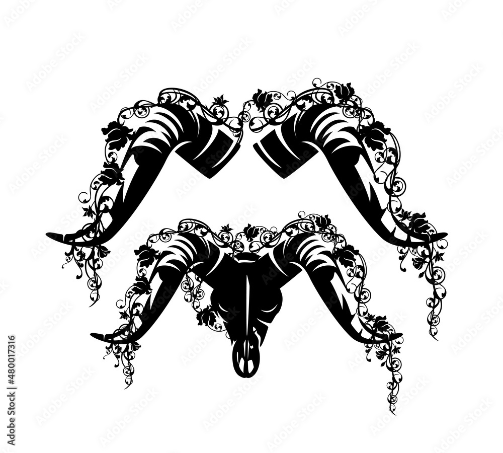 tur goat or ram skull and horns decorated with rose flower stems ...