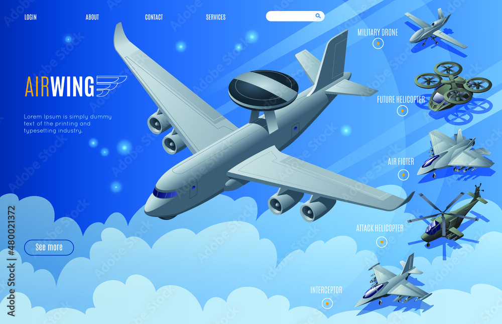 Air Wing Landing Page of Air Force. Isometric icons of different types ...