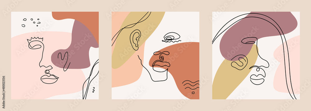 Set of modern portraits on the background of abstract shapes in line ...