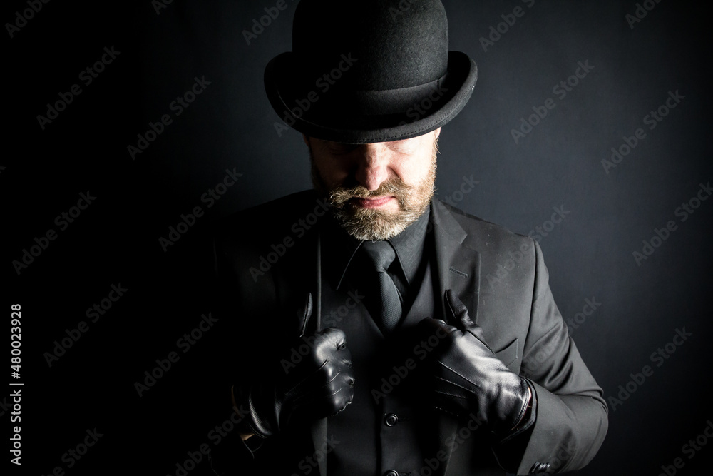 Portrait of Menacing Man in Dark Suit and Leather Gloves Scowling ...