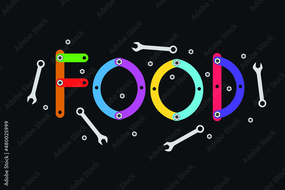 Food - text, letters and word consists of tools. Vector illustration ...