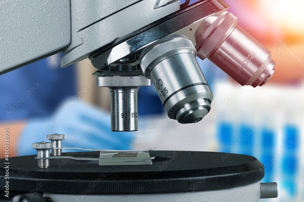 Microscope and tubes for analysis in a hospital blood bank. research ...