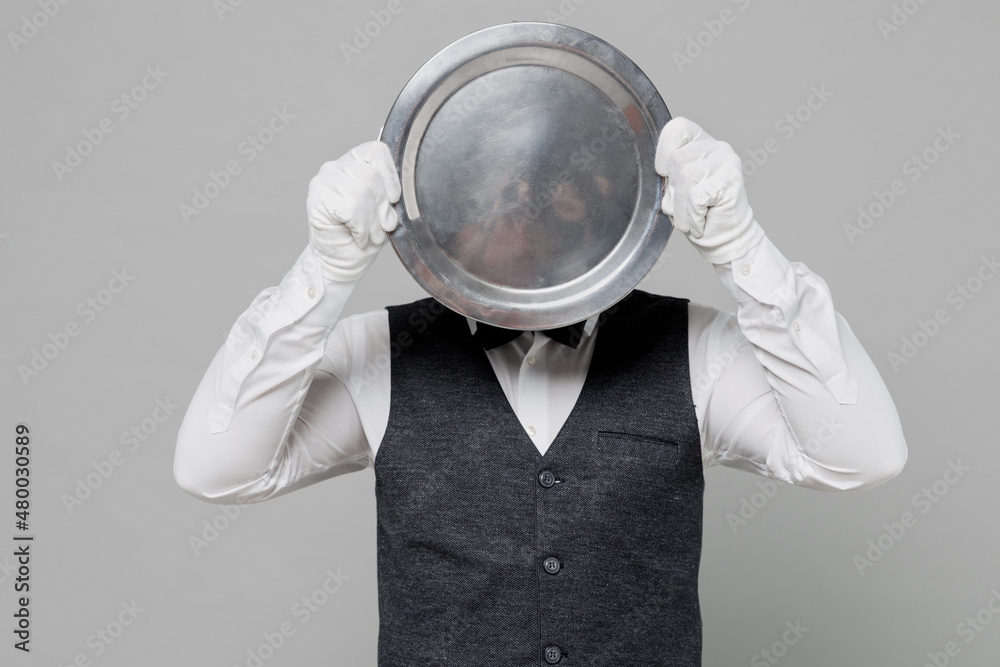 Young fun barista male waiter butler man wear white shirt vest elegant ...