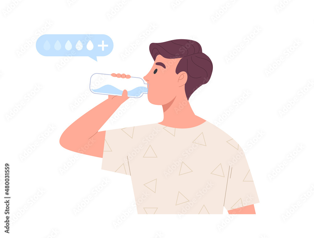 Young man drinking water from bottle with water drop scale of hydration ...