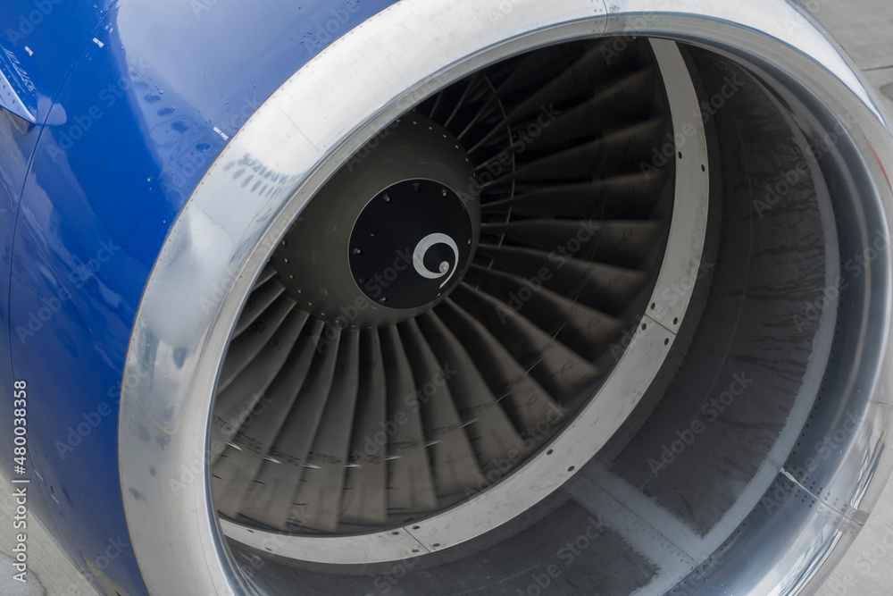 Aircraft jet engine with traces of operation and carbon deposits from ...