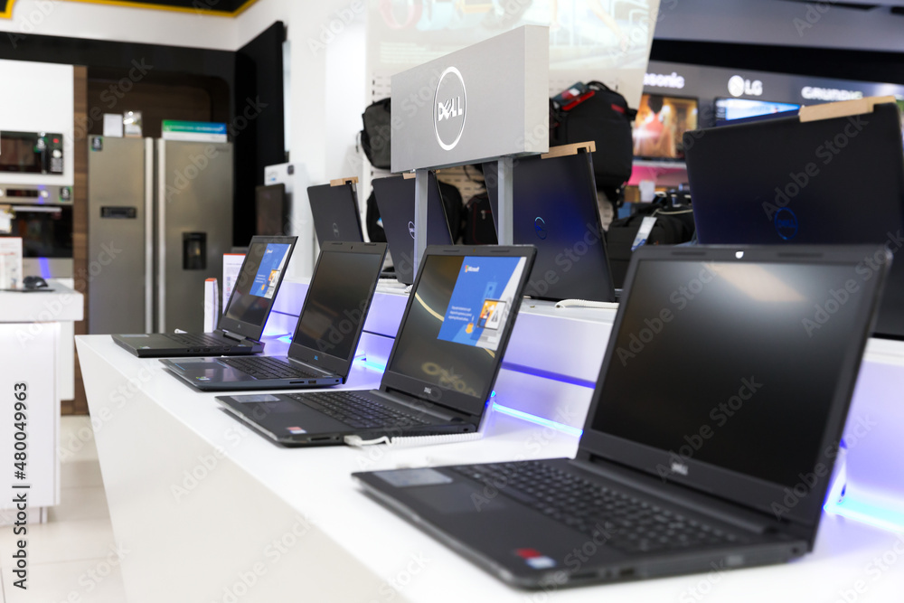 New Dell laptop computers shown in electronic store on retail display ...