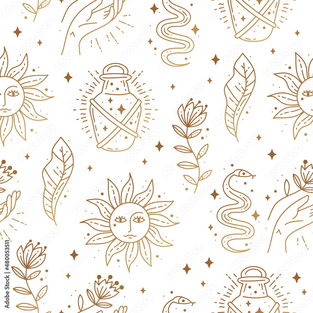 Magic boho symbols seamless pattern. Backdrop of gypsy sacred elements ...