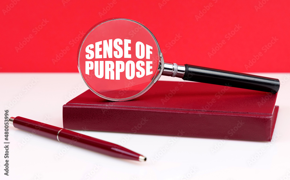 On a white and red background, a notebook, a pen and a magnifying glass ...