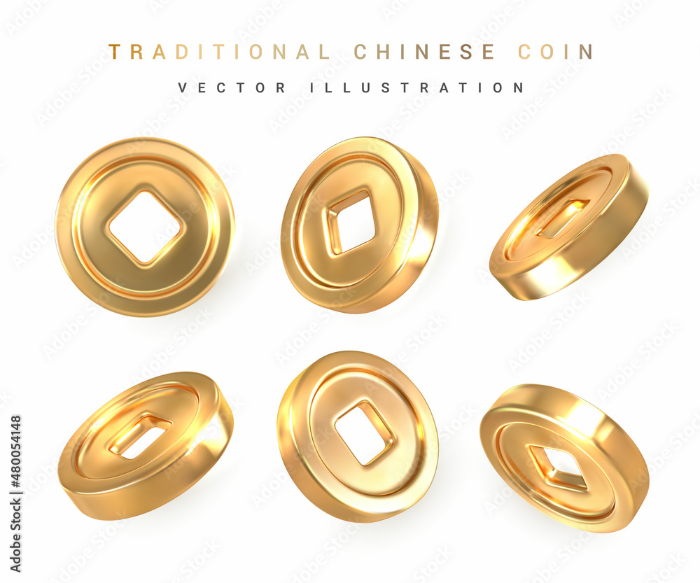3d Traditional Chinese gold coin with square hole. Asian traditional ...
