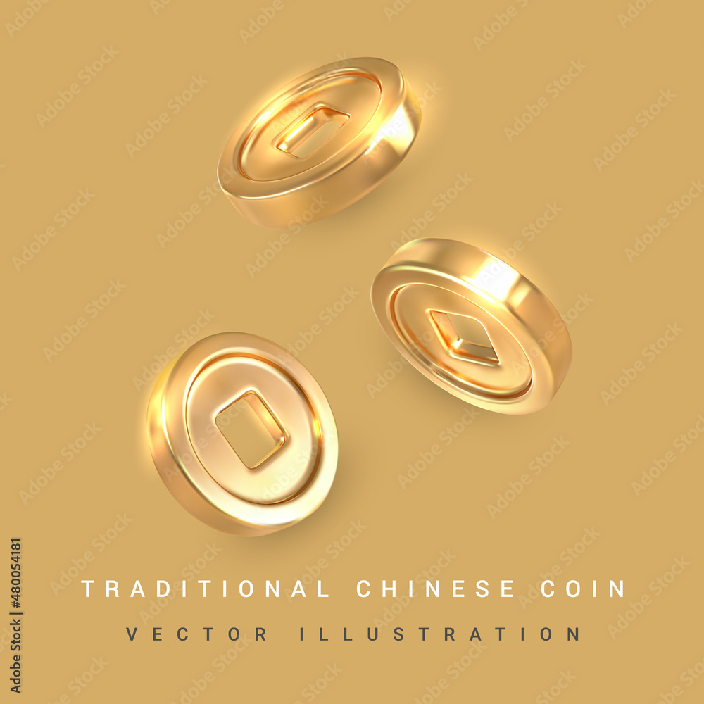 3d Traditional Chinese gold coin with square hole. Asian traditional ...