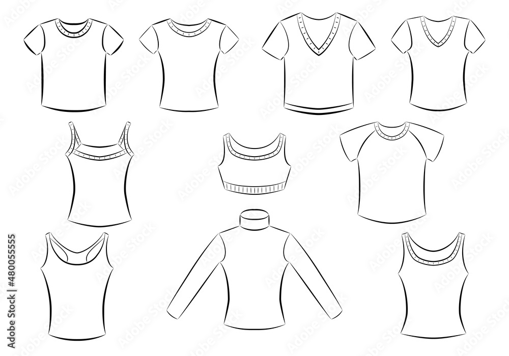Woman clothes in outline style isolated on white background. Female ...