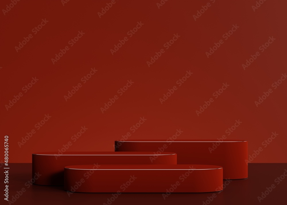 Red triple podium or pedestal on red background. Minimal empty ...