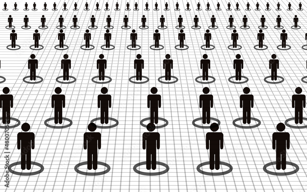 Lines of People Standing Together On Grid White background. Population ...