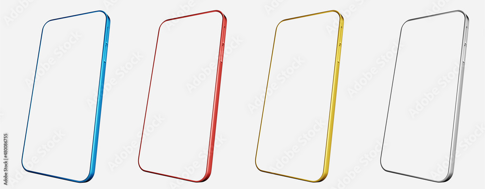 3D Rendering of phone frames mockup in red, blue, silver and yellow ...