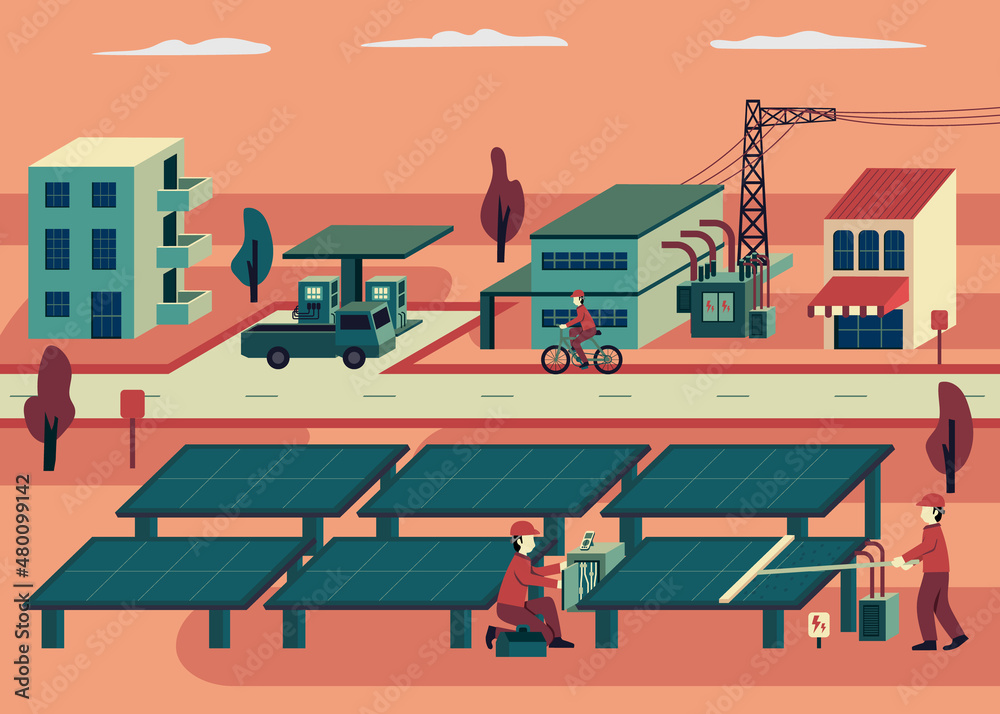 solar cell energy, solar cell power plant, the technician working ...