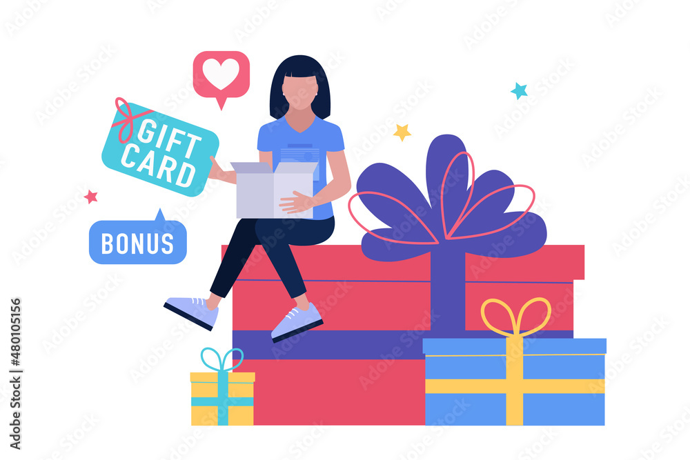 Character is sitting on a large gift and holding a gift card Stock ...