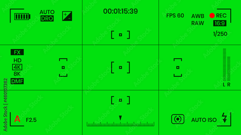 Green colored chroma key camera rec frame viewfinder overlay background ...