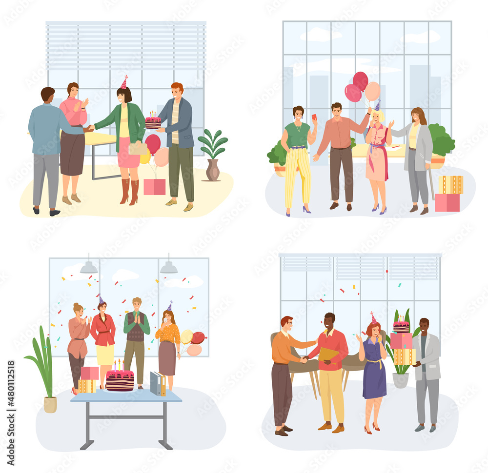 Birthday party in office flat vector illustration. Workers organize ...