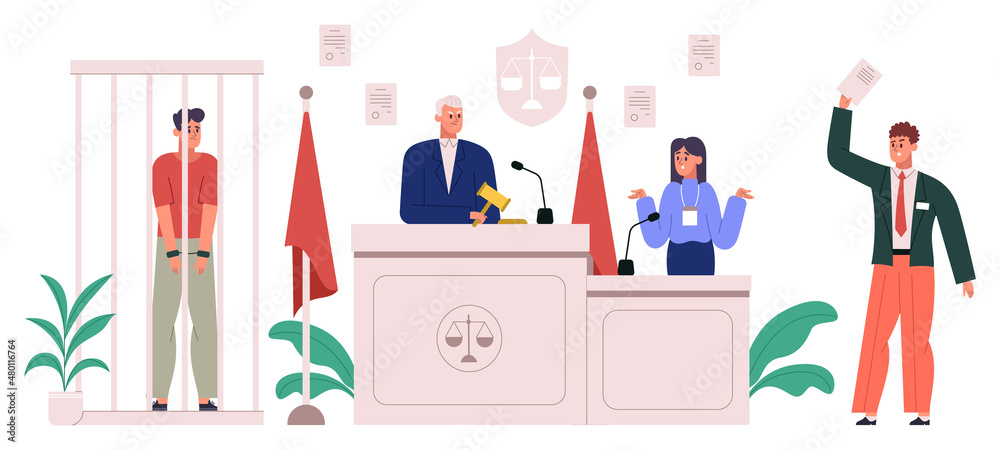 Court room interior, trial process with lawyer protect defendant ...