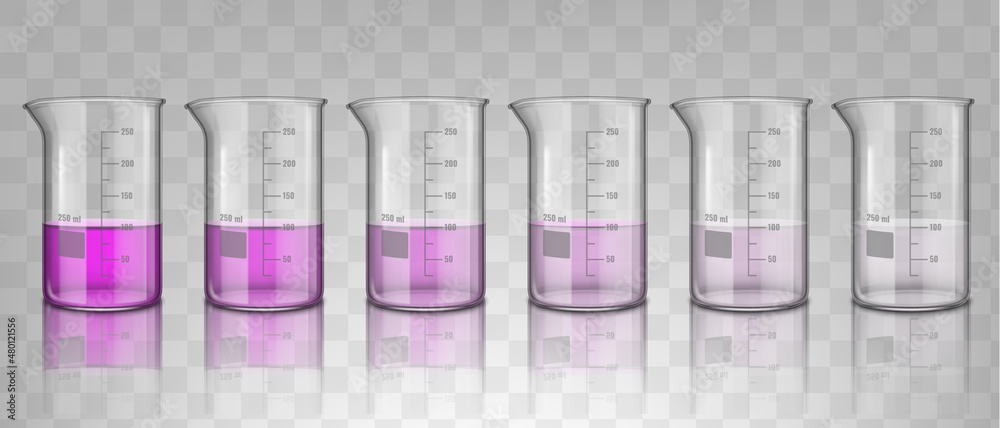 Realistic chemical beakers with solution in different concentration ...