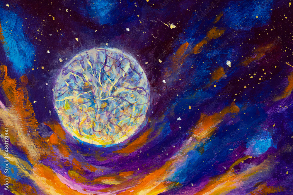 Painting mystic night starry sky space moon Fantasy monet fine art ...