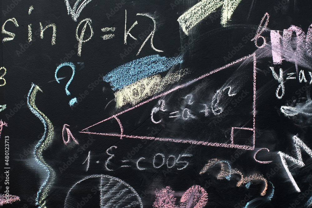 school board with math formulas drawn in chalk Stock Photo | Adobe Stock