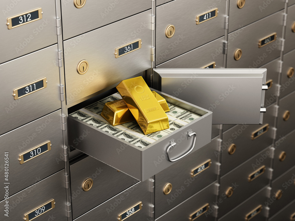 Open bank deposit box full of dollar bills and gold ingots. 3D ...