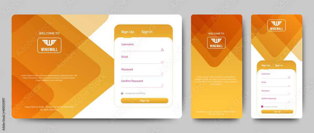 Set of Sign Up and Sign In forms. Yellow gradient. Mobile Registration ...