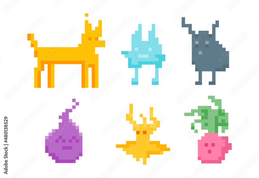 Collection of different cartoon monsters and characters in pixel art ...
