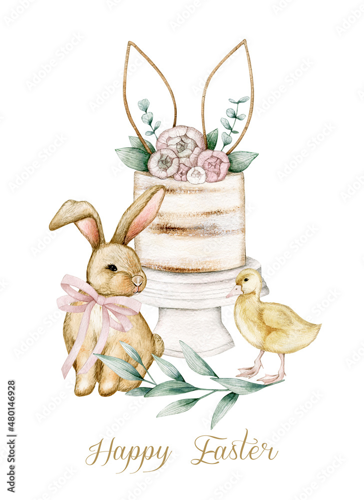 Watercolor illustration card happy easter with bunny, cake, chick ...
