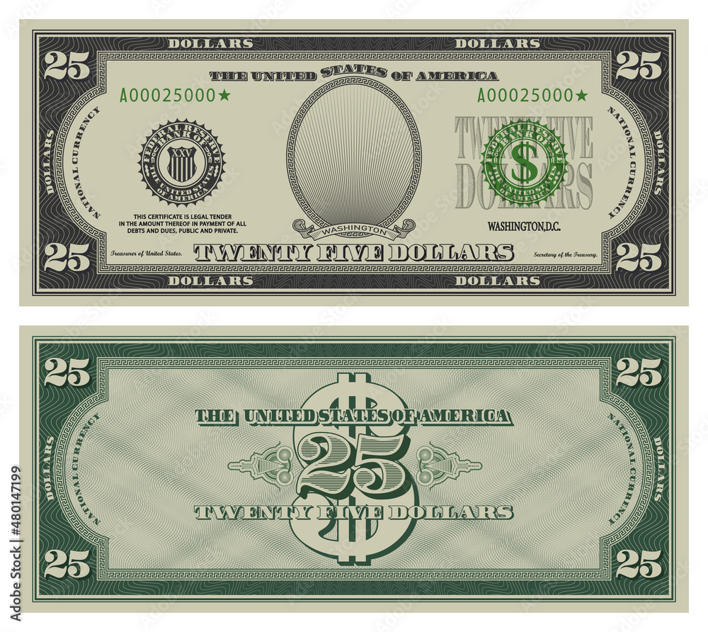 Twenty five dollars banknote. Gray obverse and green reverse fictional ...