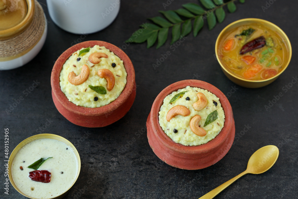 Ven Pongal Khara Pongal Sambar coconut chutney woman hand serving ...