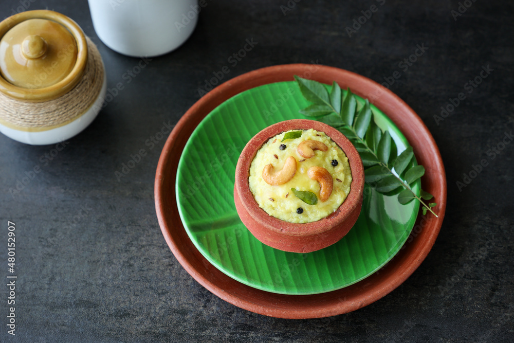 Ven Pongal Khara Pongal Sambar coconut chutney woman hand serving ...