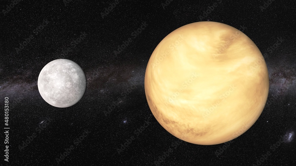realistic 3d illustration of mercury and Venus planet size comparison ...