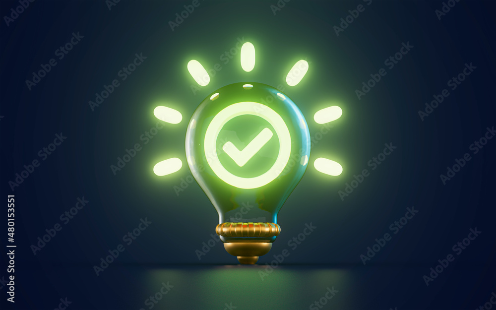 checkmark icon glowing inside lightbulb on dark background 3d render ...