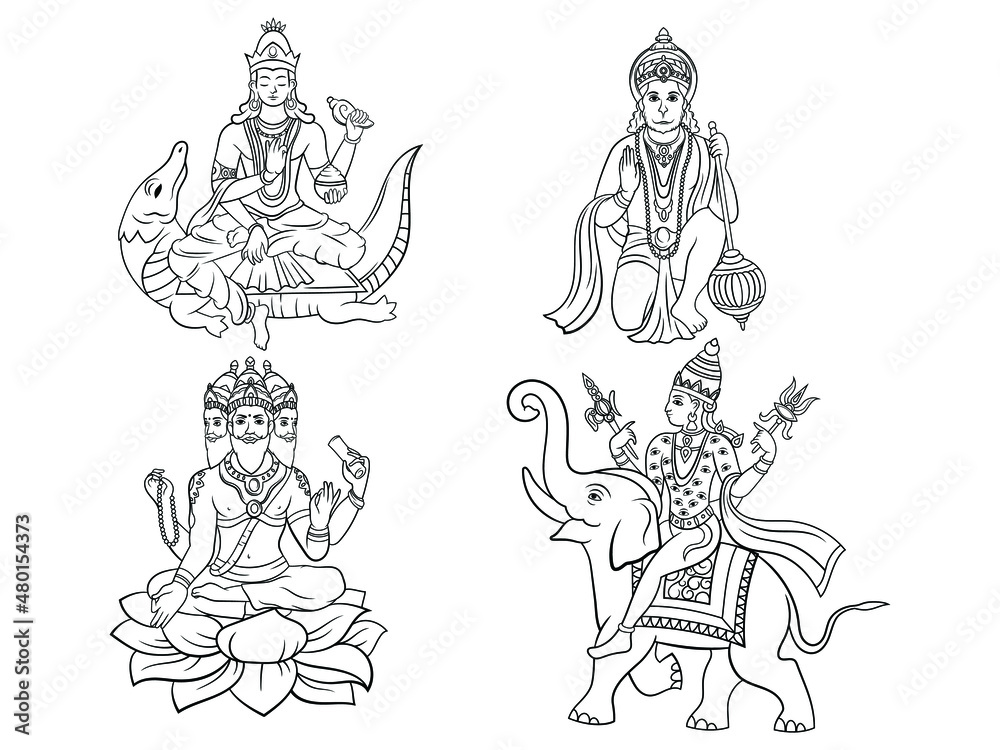 Set of Hindu gods and deities. Collection of Indian gods Hanuman ...