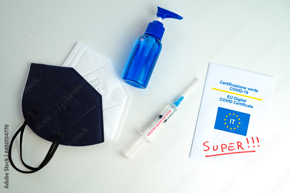 Covid Green Pass with text "super", colored ffp2 mask, hand sanitizer ...