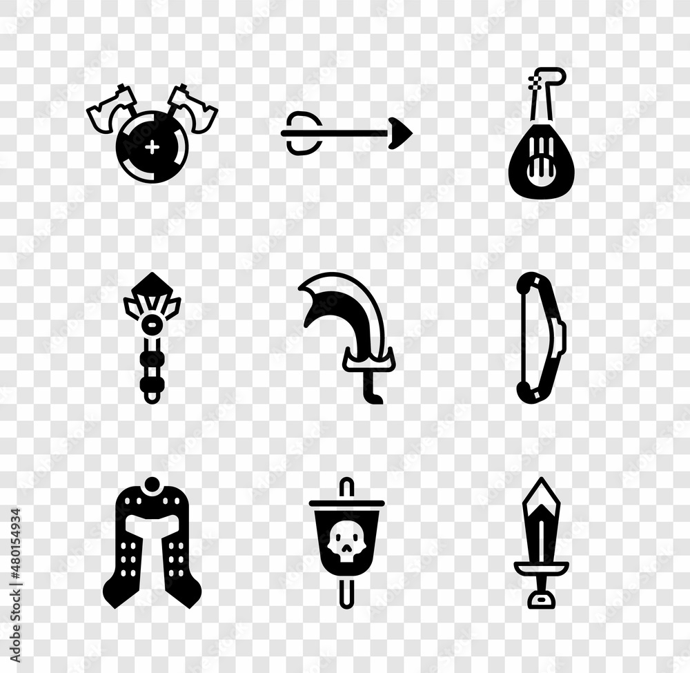Set Medieval shield with axe, Arrow, Lute, helmet, Pirate flag, Sword ...