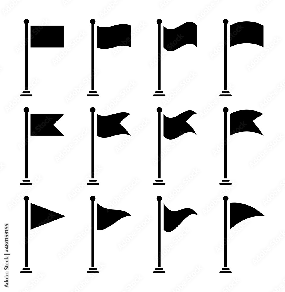 Vector icons of flag and pennant shapes with pole for start, finish ...
