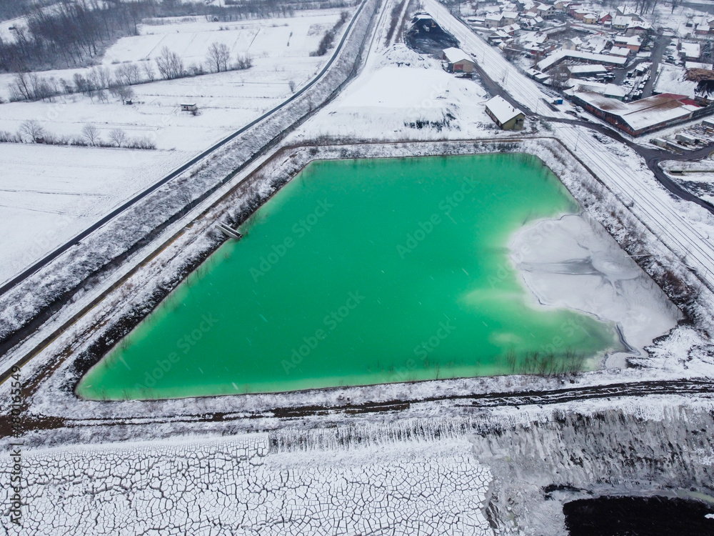 Tailing dump in industrial complex. Tailing reservoir in nature, aerial ...