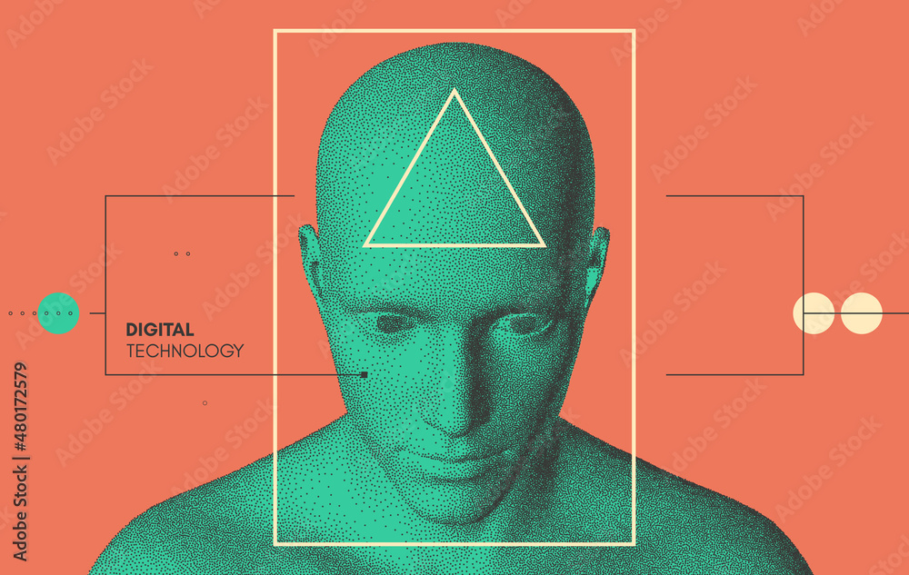 Abstract man head made from dots. Pixel art. Technology and robotics ...