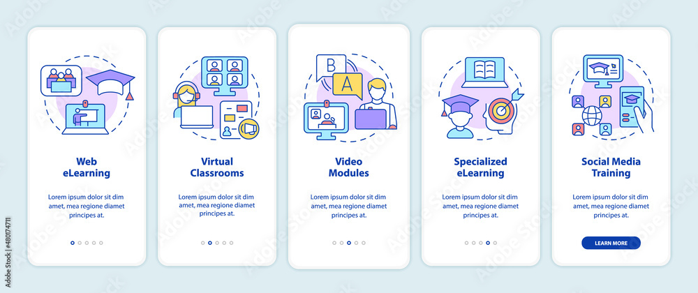 Elearning types onboarding mobile app screen. Online education ...