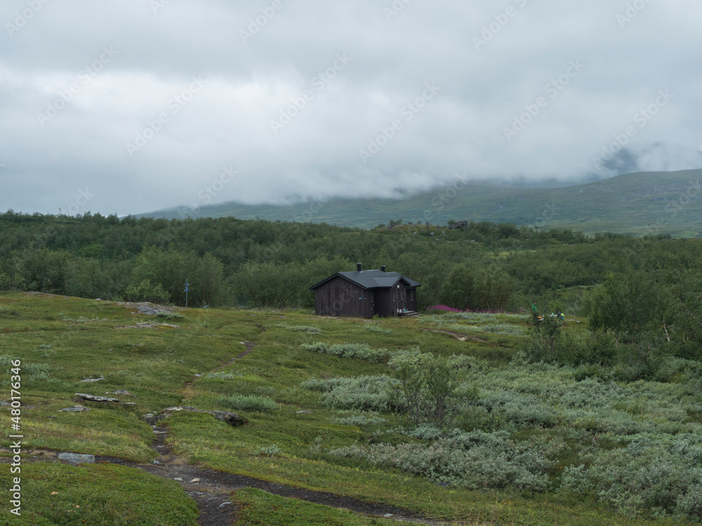 Sami village Staloluokta at Virihaure lake with houses and cottage ...